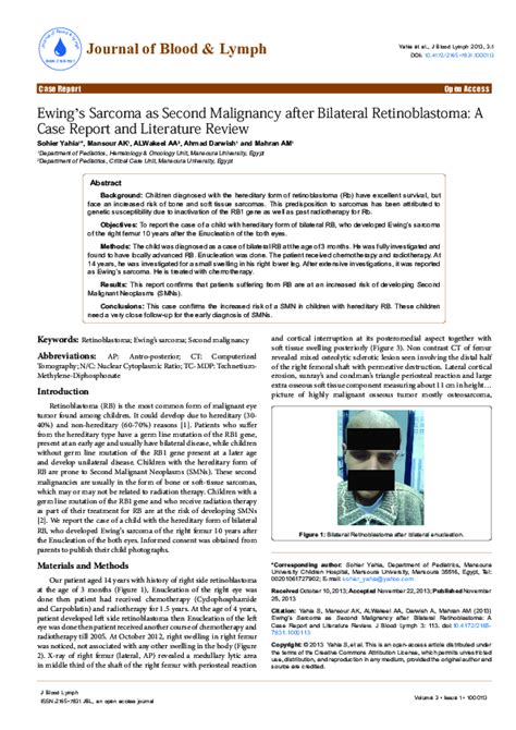 Pdf Ewings Sarcoma As Second Malignancy After Bilateral Retinoblastoma A Case Report And
