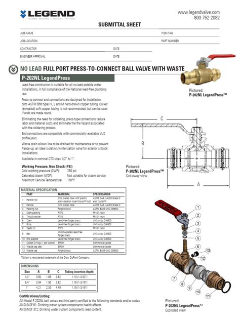 Legend 101213nl Specification Sheet Pdf Pipe Fluid Conveyance Valve