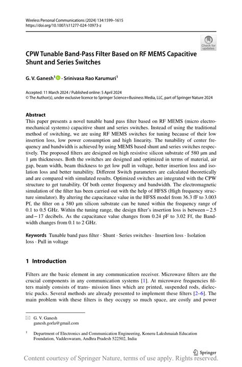 Cpw Tunable Band Pass Filter Based On Rf Mems Capacitive Shunt And Series Switches