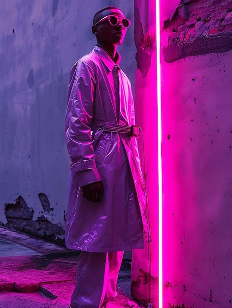 Premium Photo Tall Androgynous Hacker Model With Led Embedded Trench