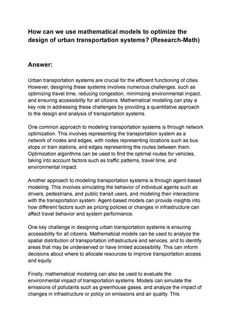 How Can We Use Mathematical Models To Optimize The Design Of Urban Transportation Systems How