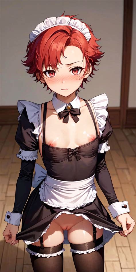 Rule 34 Ai Generated Flat Chest Maid Maid Headdress Maid Uniform Messy Hair Pussy Red Eyes Red