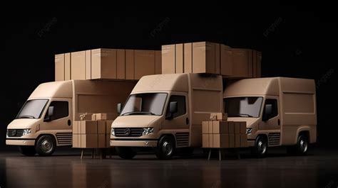 검은색 트럭에 여러 상자가 서 있는 검정색 배경의 3d 렌더링 3d 배달 밴 및 골판지 상자 제품 상품 배송 운송 빠른 서비스 트럭 고화질 사진 사진 배달 트럭 배경