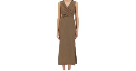 Brunello Cucinelli Fluid Twill Wrap Effect Dress In Brown Lyst