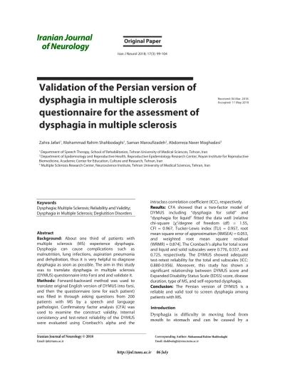 Validation Of The Persian Version Of Dysphagia In Multiple Sclerosis Questionnaire For The