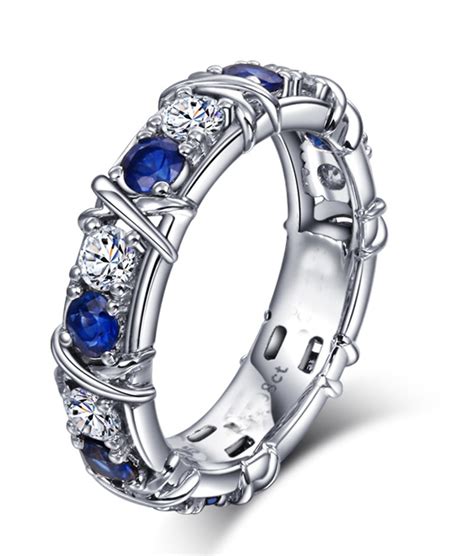 Designer 1 Carat Alternating Diamond And Sapphire Wedding Ring Band In White Gold Jeenjewels