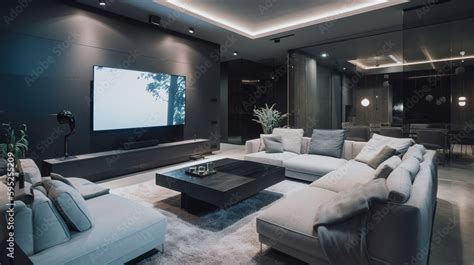 Luxurious Home Cinema Living Room With Colored Led Lighting Smart