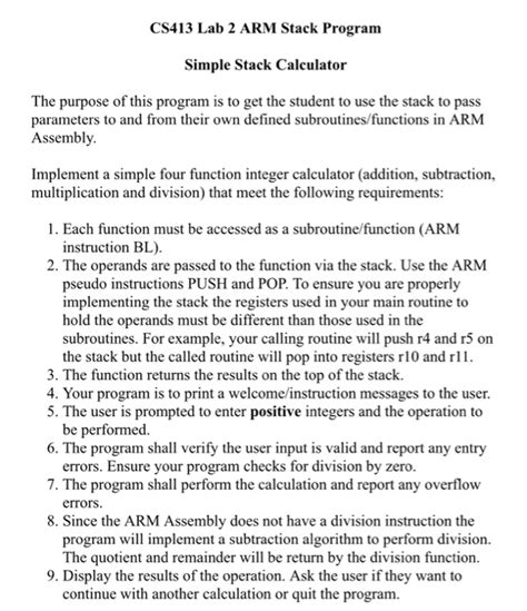 CS413 Lab 2 ARM Stack Program Simple Stack Calculator Chegg