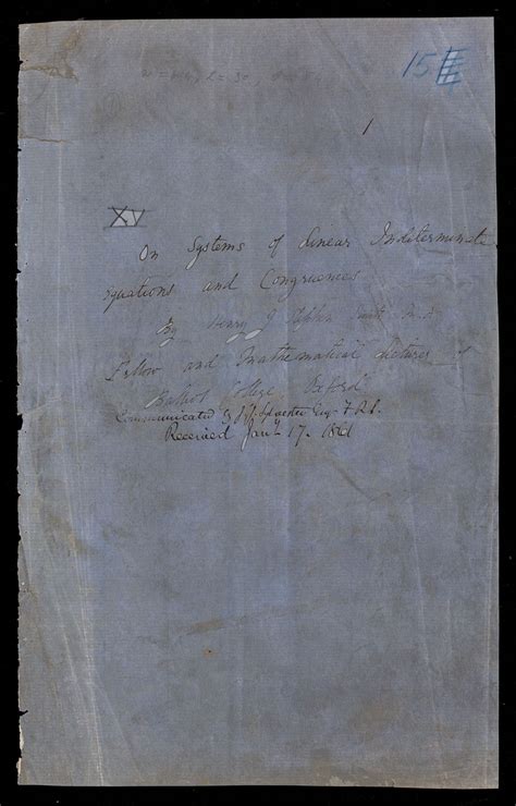 Paper On Systems Of Linear Indeterminate Equations And Congruences By Henry J John Stephen