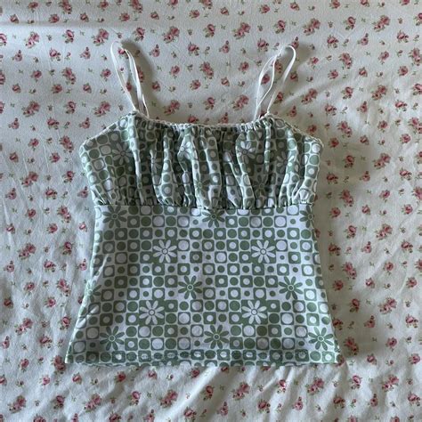 Cute Floral Pattern Sage Green Tank With Scallop Depop