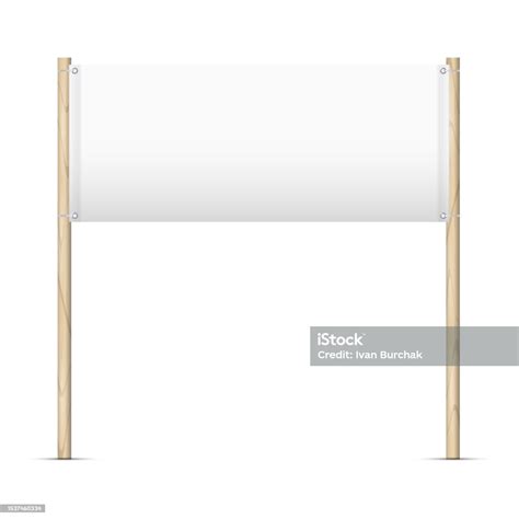 나무 기둥에 빈 광고 비닐 배너 3d 사실적인 벡터 일러스트레이션 0명에 대한 스톡 벡터 아트 및 기타 이미지 0명 3차원 형태 간판 Istock