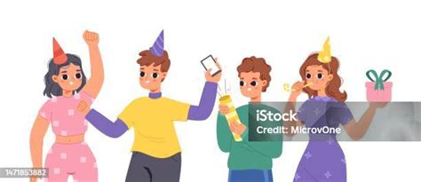생일 축하 십대 파티 소년과 소녀는 기념일 또는 축제를 축하합니다 긍정적 인 십대 캐릭터 젊은 성인 친구 축하 친구 벡터 장면