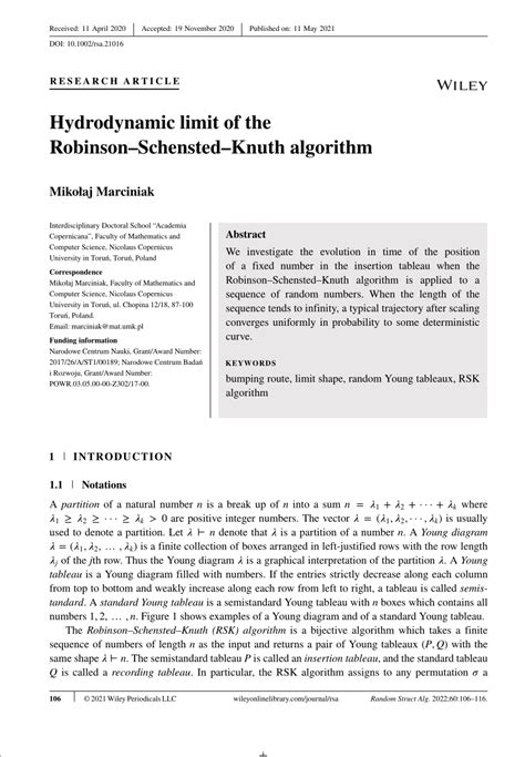 Hydrodynamic Limit Of The Robinsonschenstedknuth Algorithm Request Pdf