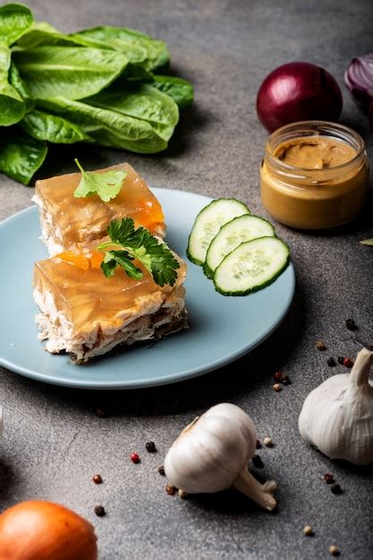 접시에 고기로 만든 젤리의 조각 가금류와 쇠고기 겨자 향신료 및 다른 성분을 가진 전통적인 러시아와 우크라이나 요리 홀로 젯 프리미엄 사진