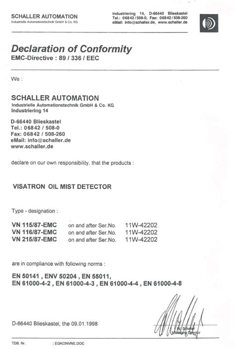 Ec Declaration Of Conformity Vn87emc Schaller Automation