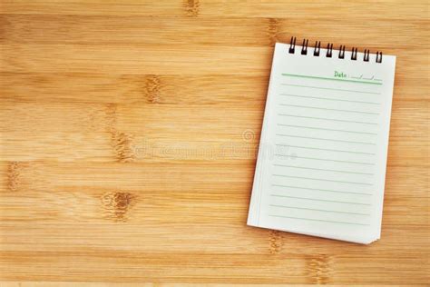 Blank Notepad On Wooden Table Overhead Shot Or Top View Stock Image Image Of Detail