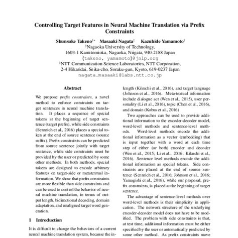 Controlling Target Features In Neural Machine Translation Via Prefix Constraints Acl Anthology