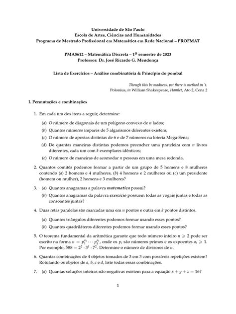 Lista Exercicios Combinatoria 2023 Pdf Combinatória Aritmética