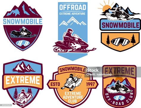 설상 차 엠 블 럼 흰색 배경에 고립의 집합입니다 상표 브랜드 마크 사인 포스터 디자인 요소입니다 스노모빌에 대한 스톡 벡터