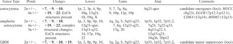 Summary Of Cytogenetic Findings In Brain Tumors Karyotype Cgh Findings