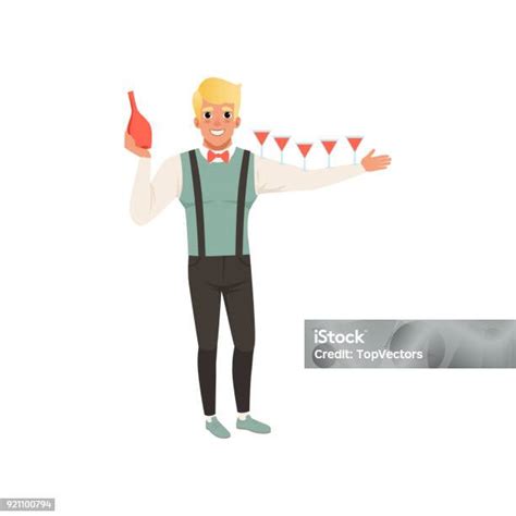 밝은 바텐더 붓는 알콜 칵테일 바텐더는 흰색 바탕에 만화 벡터 일러스트 레이 션 쇼 공연에 대한 스톡 벡터 아트 및 기타 이미지