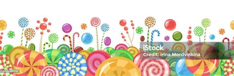 과자와 흩어져 있습니다 원활한 모듬 롤리팝 디저트가 산재 스틱 사탕 캐러멜 하단 의 원활한 테두리 평면 배경 그림입니다 벡터 개념에 대한 스톡 벡터 아트 및 기타 이미지