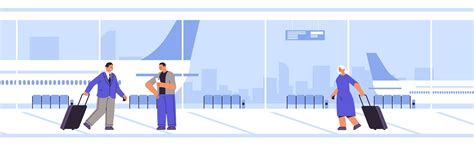 현대 공항 터미널 대기실 출발 라운지 내부 여행 개념 수평 전체 길이 벡터 일러스트 레이 션에서 걷는 수하물을 가진 승객