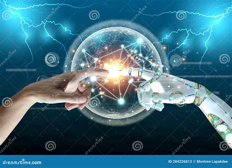 Human Robot Hands Touch Connect On Binary Code Stock Image Image Of Evolution Human 284226813