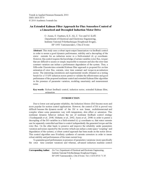 Pdf An Extended Kalman Filter Approach For Flux Sensorless Control Of A Linearized And