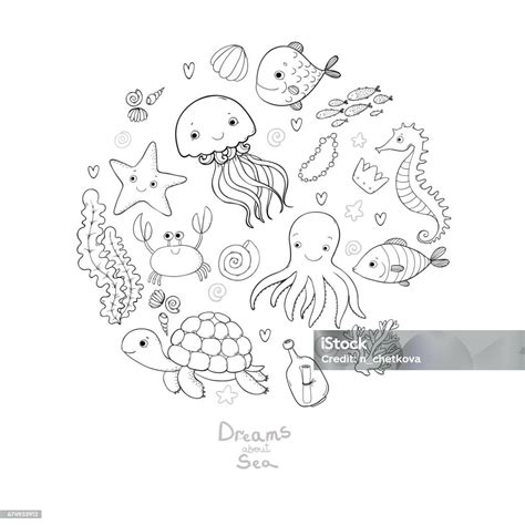 해양 그림을 설정합니다 작은 귀여운 만화 재미 있는 물고기 불가사리 메모 조류와 함께 병 다양 한 조개와 게 바다 테마입니다 바다에 대한 스톡 벡터 아트 및 기타 이미지