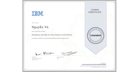 nguyễn vũ on linkedin completion certificate for databases and sql for data science with python