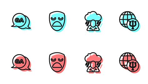 세트 라인 우울증 질문과 대답 드라마 연극 마스크와 심리학 Psi 아이콘 벡터 Mental Wellbeing에 대한 스톡 벡터