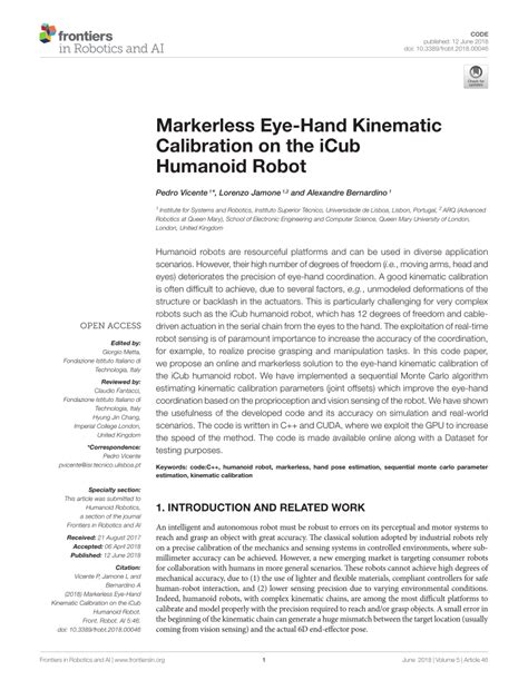 Pdf Markerless Eye Hand Kinematic Calibration On The Icub Humanoid Robot