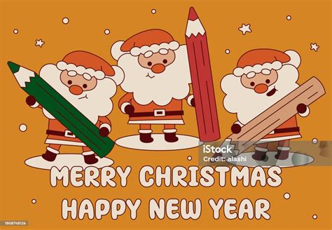 큰 연필을 들고 있는 귀여운 산타클로스는 세 가지 자세를 포함하여 메리 크리스마스와 새해 복 많이 받으세요 12월 31일에 대한 스톡 벡터 아트 및 기타 이미지 Istock