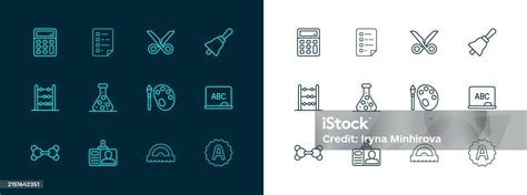 라인 벨 울리기 식별 배지 팔레트 페인트 브러시 각도기 그리드 시험관 가위 계산기 및 클립 보드 체크리스트 아이콘을 설정합니다 벡터 가위에 대한 스톡 벡터 아트 및 기타
