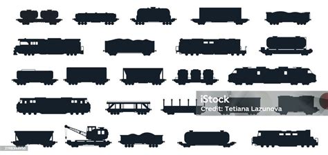 화물 열차 실루엣입니다 검은 철도화물 기관차 및 객차 산업 철도 운송 석탄 박스카 탱크 왜건 벡터 절연 세트 개체 그룹에 대한 스톡 벡터 아트 및 기타 이미지 Istock