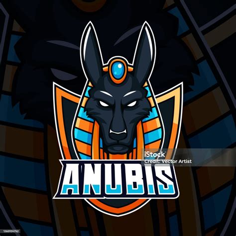 아누비스 는 클럽 텍스트와 방패와 이집트 신 신화 마스코트 기호 벡터를 머리 현대 이집트 개 머리 일러스트 레이션 E스포츠 게임 팀 템플릿 디자인 팀 이름 타이포그래피 개에