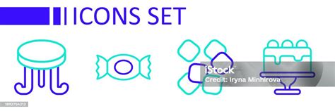 세트 라인 케이크 각설탕 사탕 및 커피 테이블 아이콘 벡터 달콤한 음식에 대한 스톡 벡터 아트 및 기타 이미지 달콤한 음식 등고선 디자인 Istock