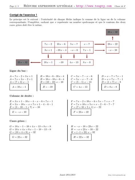 Reduire Expression Litterale 4 Corrige Pdf