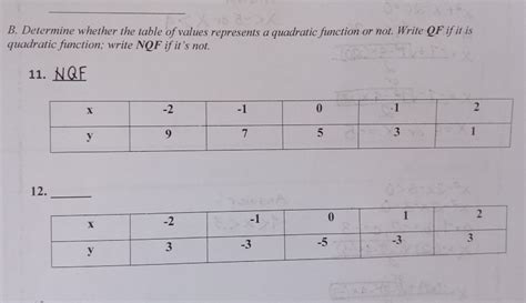 Solved B Determine Whether The Table Of Values Represents A Quadratic