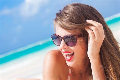 Portrait Of Long Haired Girl In Bikini On Tropical Stock Image Image Of Blue Lifestyle