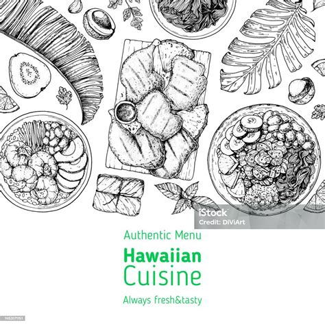 하와이 음식 상위 뷰 벡터 삽화 음식 메뉴 디자인 서식 파일입니다 손으로 그린 스케치 하와이 음식 메뉴 빈티지 스타일 훌리 치킨 칼루아 돼지고기 포케 볼 라우 라우 0명에