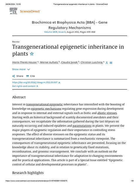 Transgenerational Epigenetic Inheritance In Plants Sciencedirect Pdf Epigenetics Heredity