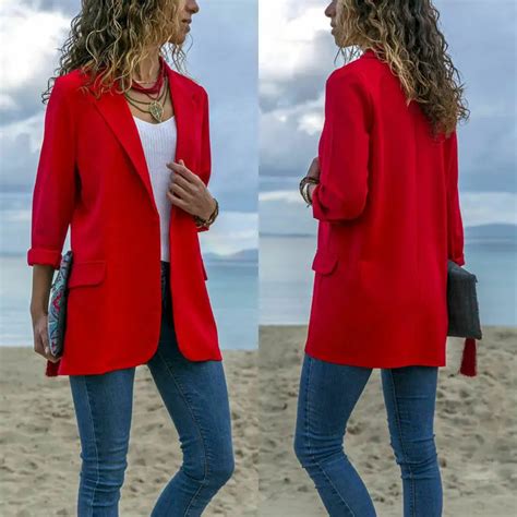 Женский блейзер длинный рукав Blaser женский пиджак женский женственный Блейзер Femme Красный
