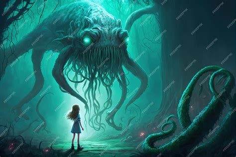 Premium Photo Girl Fighting With The Giant Monster Scifi Scene Of A