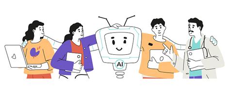 인공 지능 개념과 상호 작용하는 다양한 전문가 그룹 남자와 여자가 포옹 와 함께 Ai 로봇 캐릭터 선형 벡터 일러스트 레이 션은 흰색에 고립되어 있습니다 가공의 인물에 대한