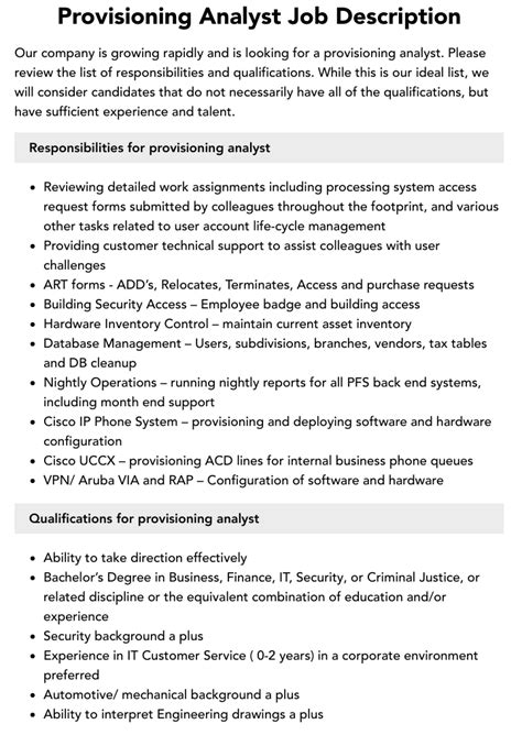 Provisioning Analyst Job Description Velvet Jobs