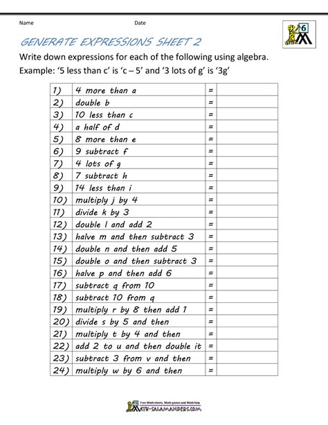 Easy Algebraic Expressions Examples