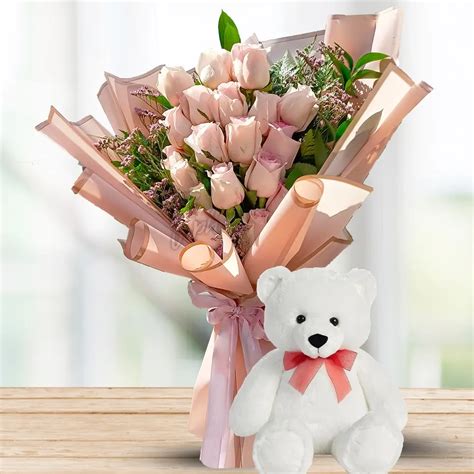 Buy 12 Pink Roses And Teddy Bear Online By Florista Philippines