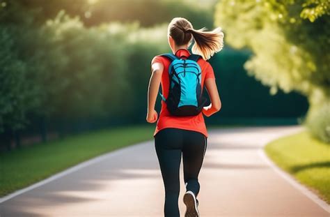 Premium Photo Female Runner With Backpack Running Marathon Back View